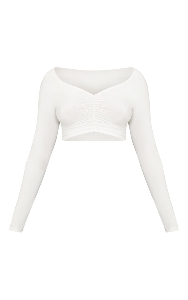 Cream Slinky Ruched Front Long Sleeve Crop Top | Tops ... Cream Slinky Ruched Front Long Sleeve Crop Top | Tops ...