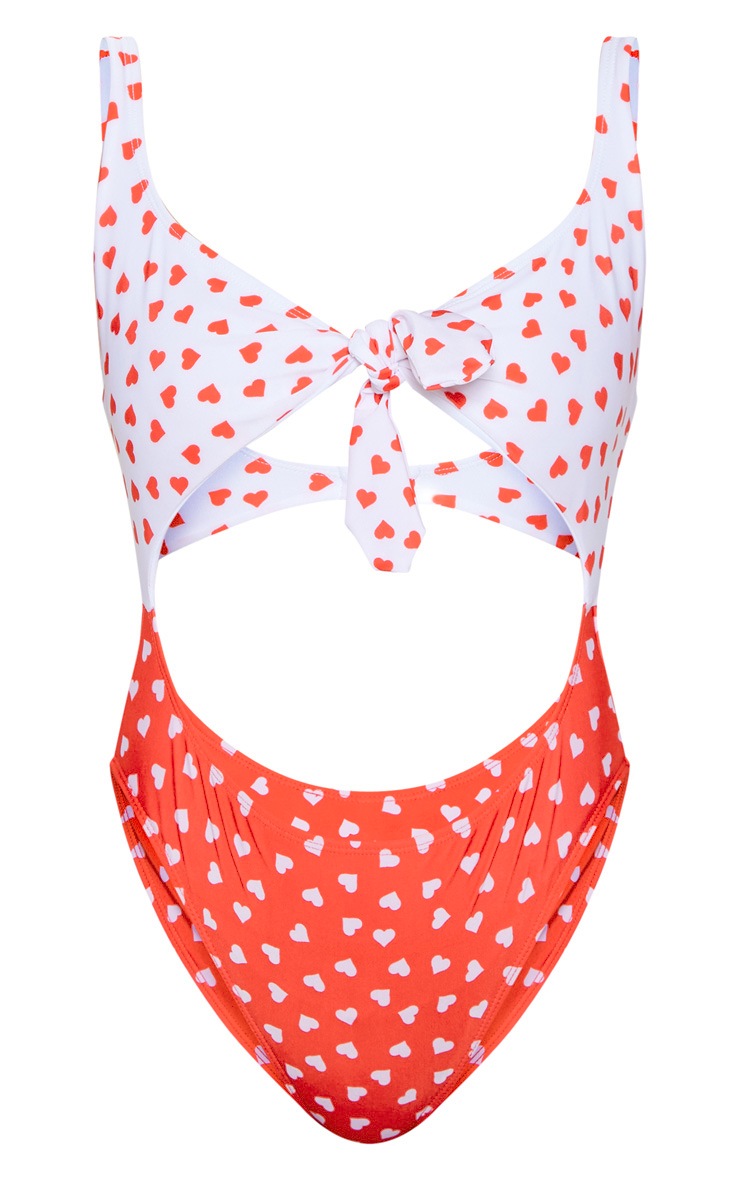 Red Heart Tie Front Cut Out Swimsuit | PrettyLittleThing