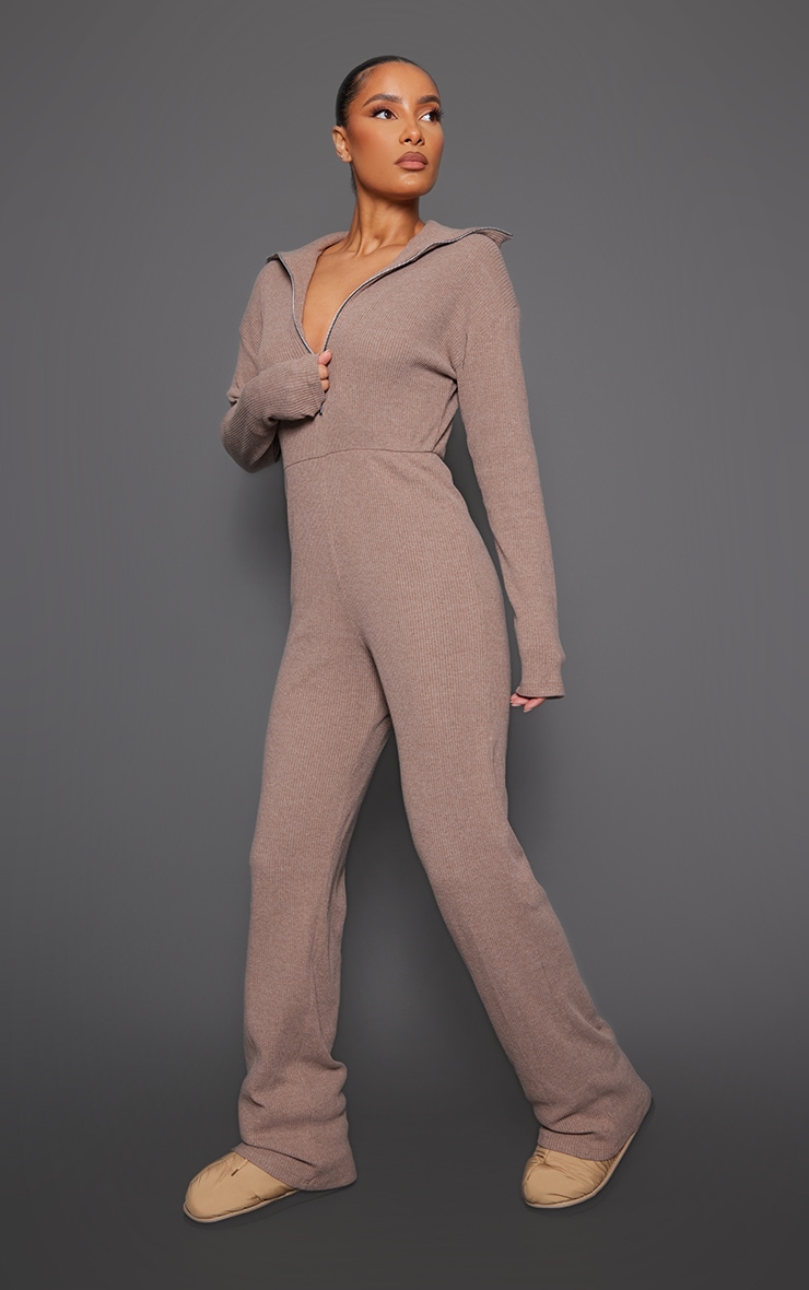 Chocolate Marled Rib Collar Detail Zip Jumpsuit | Dresses | PLT