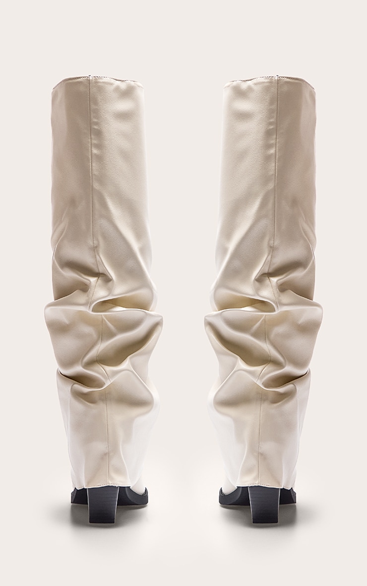 Cream Fold Over Block Heel Knee High Boots | Footwear | PLT