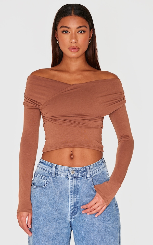 Brown Contour Bardot Foldover Long Sleeve Top | Tops ...