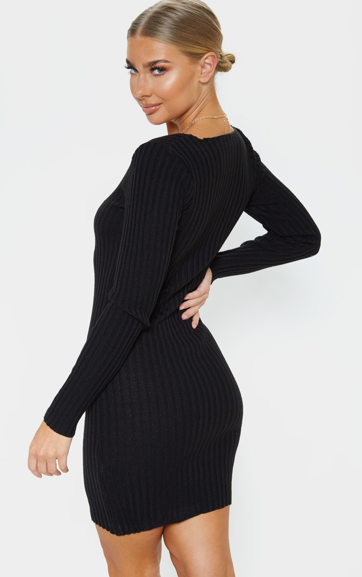 Black Ribbed Panel Detail Knitted Dress | PrettyLittleThing