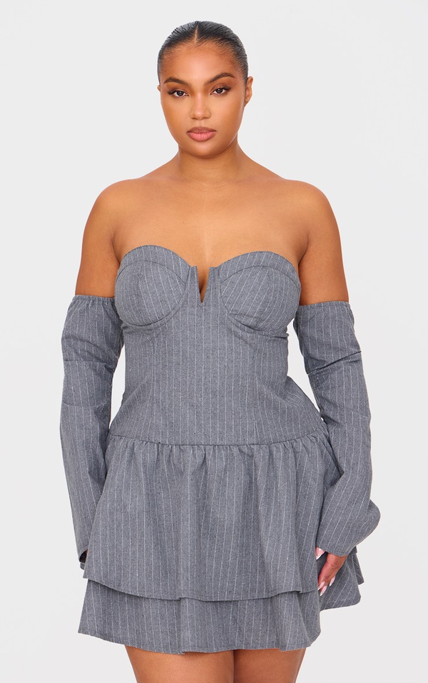 Plus Light Grey Pinstripe Cup Bardot Shift Dress | Plus Size ...
