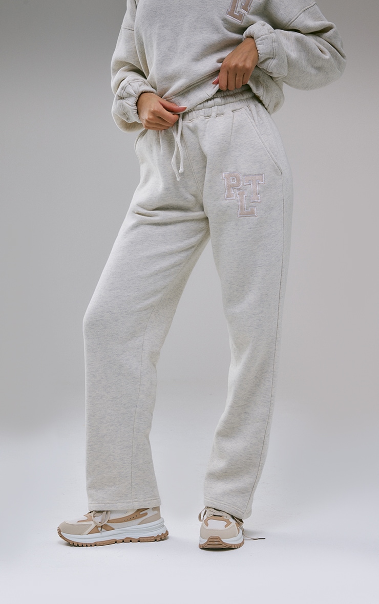 Plt Oatmeal Badge Embroidery Drawstring Joggers | PrettyLittleThing