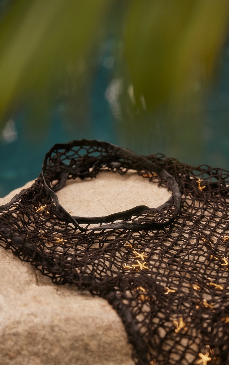 Black Beaded Starfish Detail Net Beach Bag | Accessories | PLT