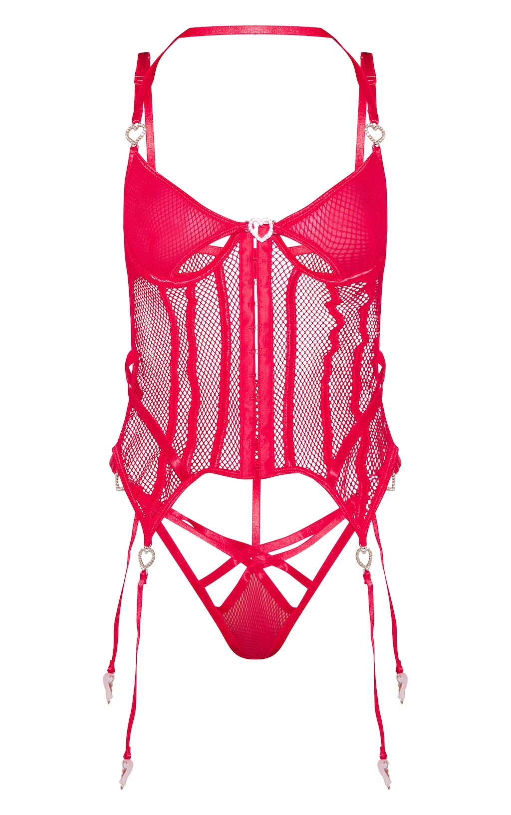 Red Fishnet Diamante Heart Corset Lingerie Set | Lingerie & Nightwear | PLT