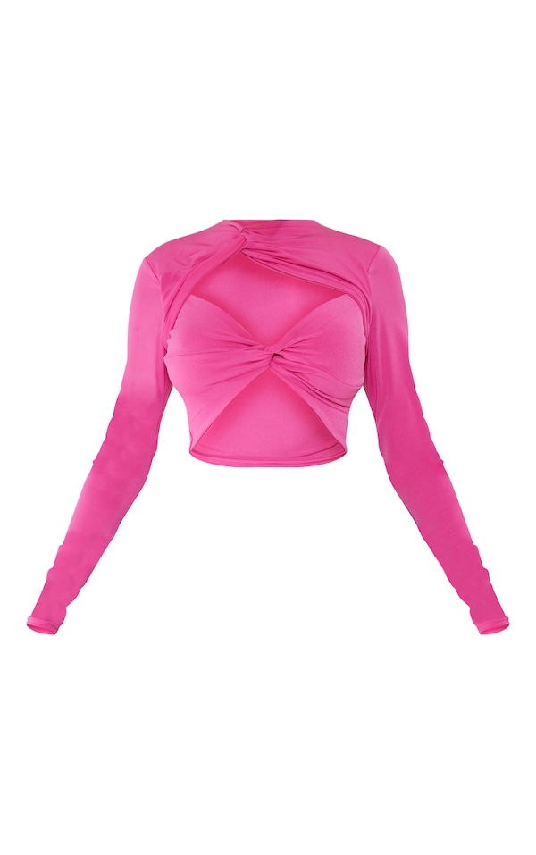 Bright Pink Slinky Knot Twist Long Sleeve Crop | Tops | PLT USA