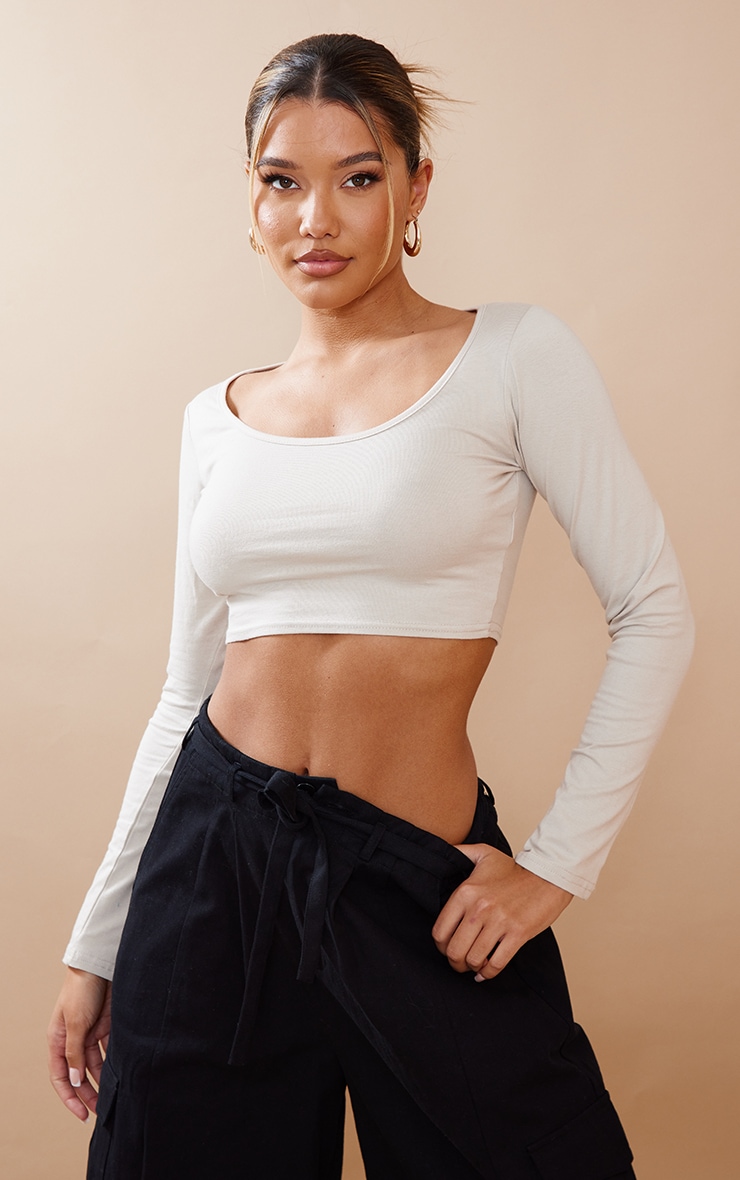 Stone Cotton Long Sleeve Crop Top | Tops | PrettyLittleThing AUS