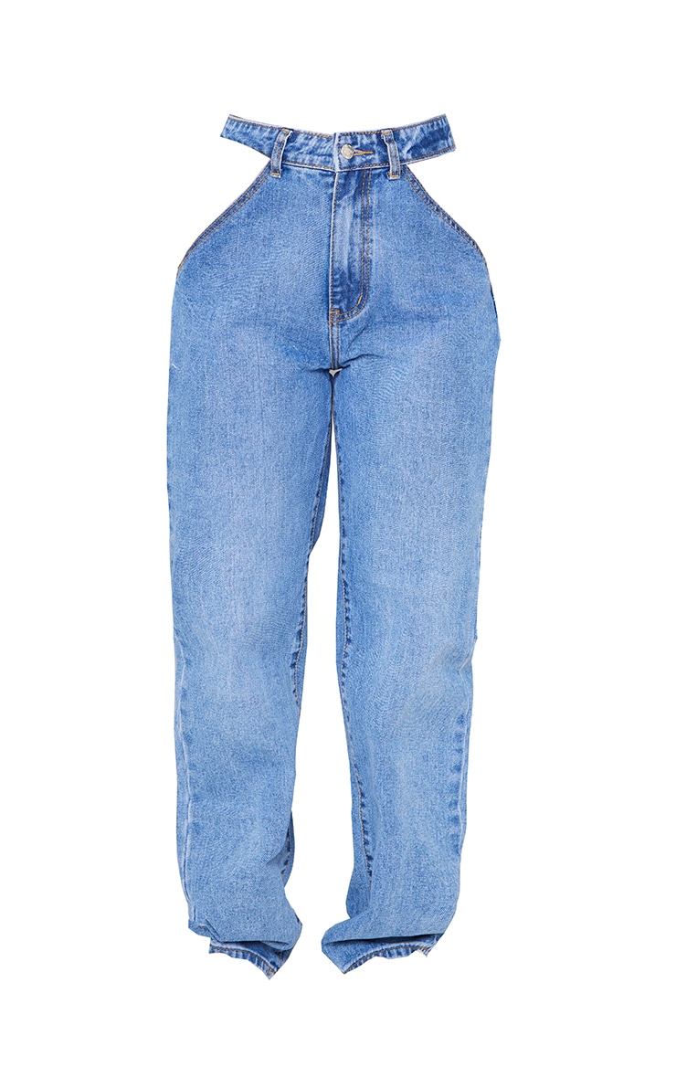 Mid Blue Wash Cut Out Waist Band 90'S Baggy Boyfriend Jeans | Denim ...