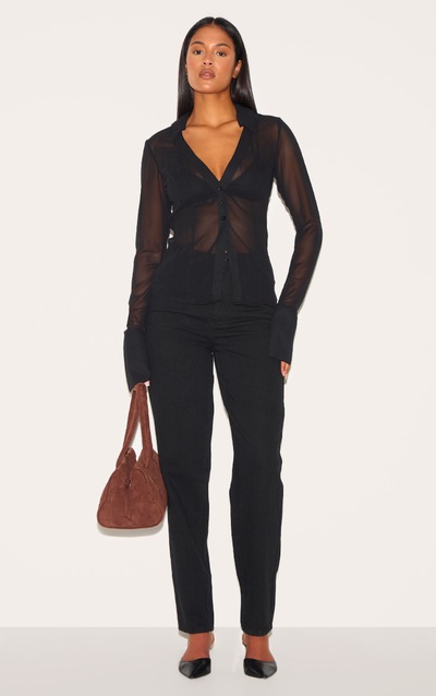 Tall Blouse En Mesh Noir À Boutons Devant | Tall | PrettyLittleThing FR