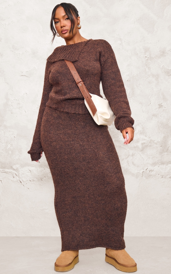 Plus Chocolate Marl Knit Asymmetric Overlay Jumper | Plus Size | PLT