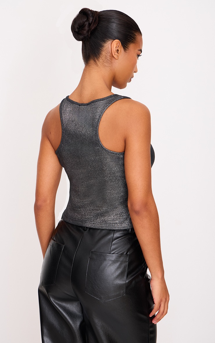 Silver Metallic Ribbed Scoop Neck Long Vest Top | Tops | PLT