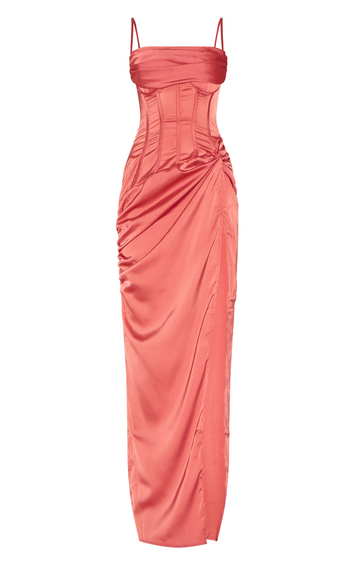 Coral Draped Corset Ruffle Gathered Dress | Dresses | PLT