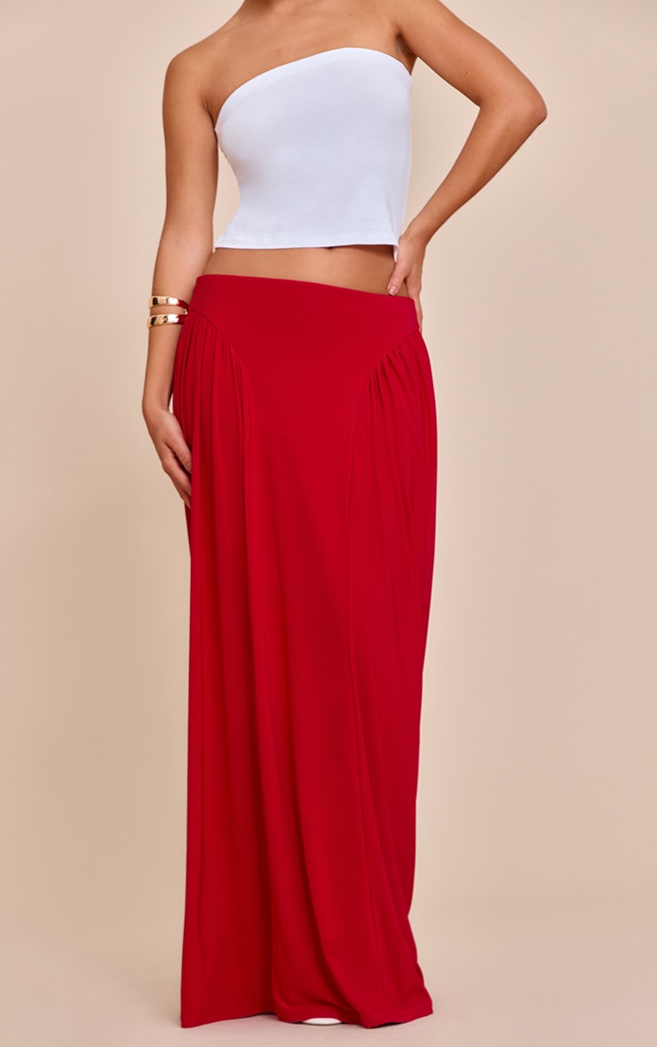 Red Slinky Drop Waist Ruched Panel Maxi Skirt | Bottoms | PLT