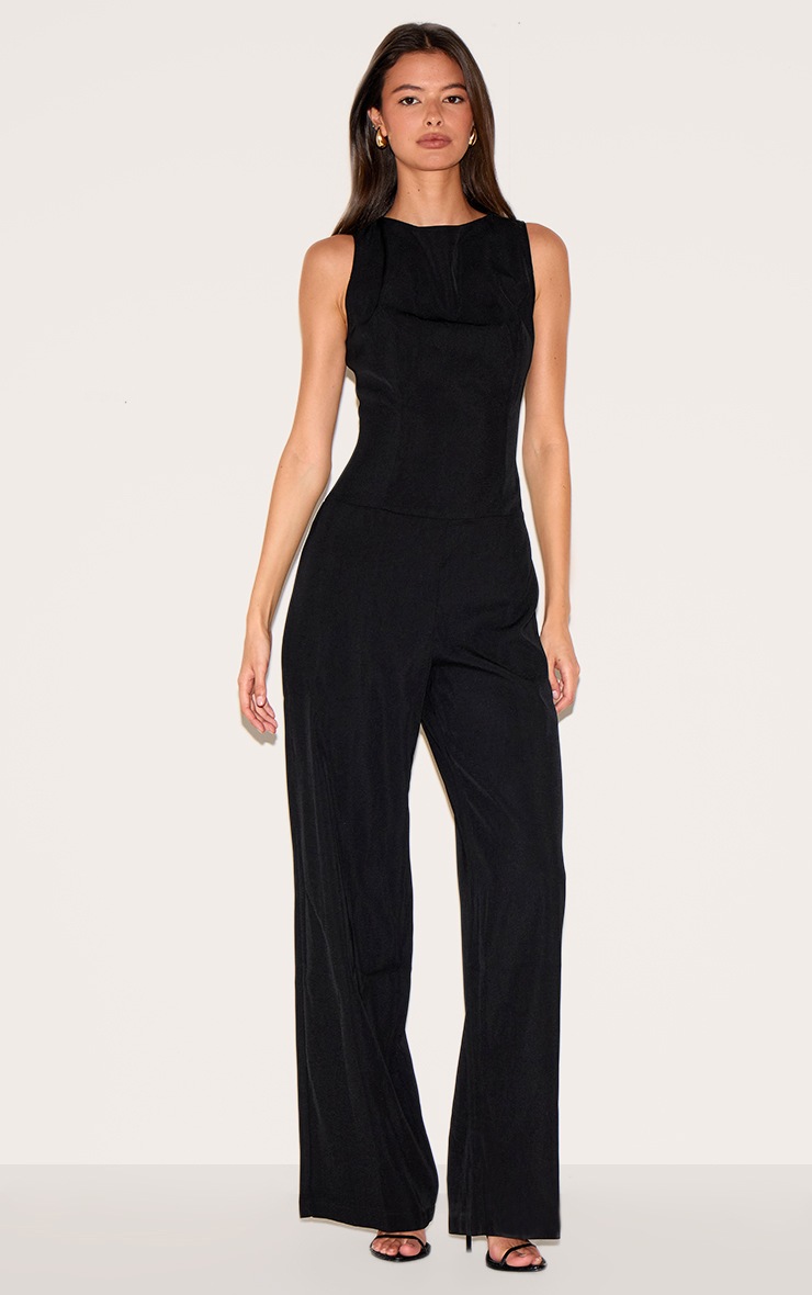 Black Structured Open Back Straight Leg Jumpsuit | Jumpsuits & Playsuits | PrettyLittleThing