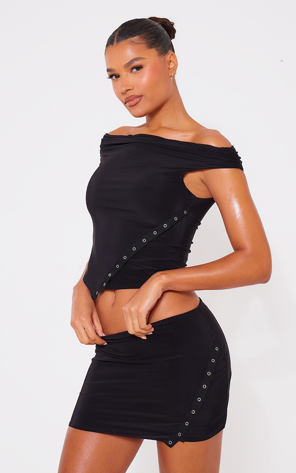 Black Low Rise Slit Hem Eyelet Micro Mini Skirt | Co-ords ...