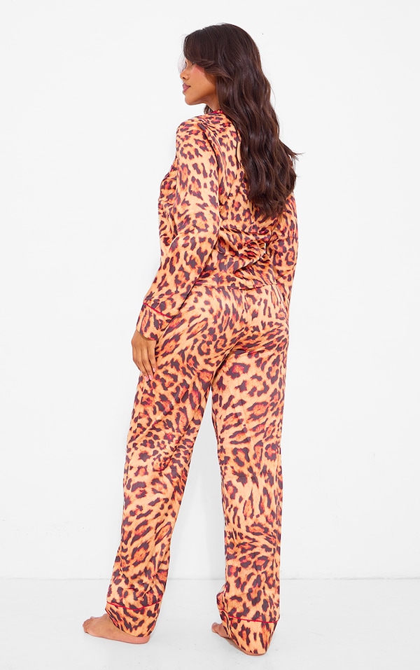 Brown Leopard Contrast Piping Satin Long PJ Set | Lingerie & Nightwear ...