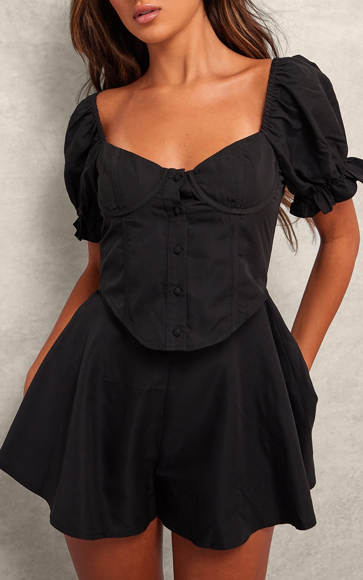 Black Tailored Woven Puff Sleeve Corset Romper | Dresses ...