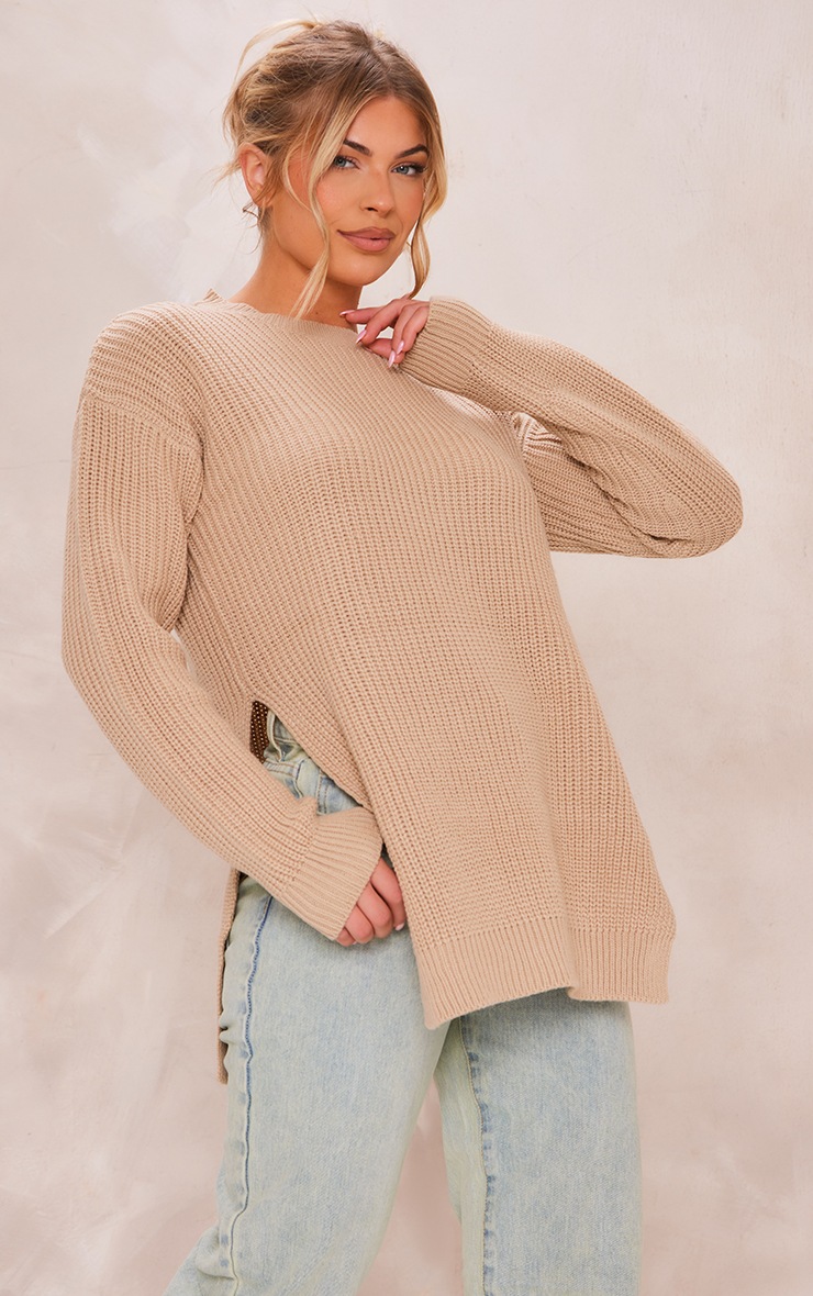 Stone Round Neck Side Split Jumper | PrettyLittleThing