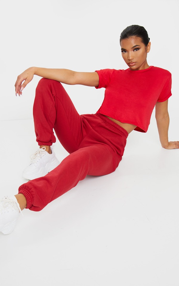 Crop Top Rouge Basique À Manches Retroussées | Tops | PLT FR