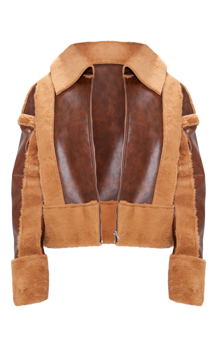 Petite Brown Distressed PU & Fur Contrast Jacket | Petite | PLT