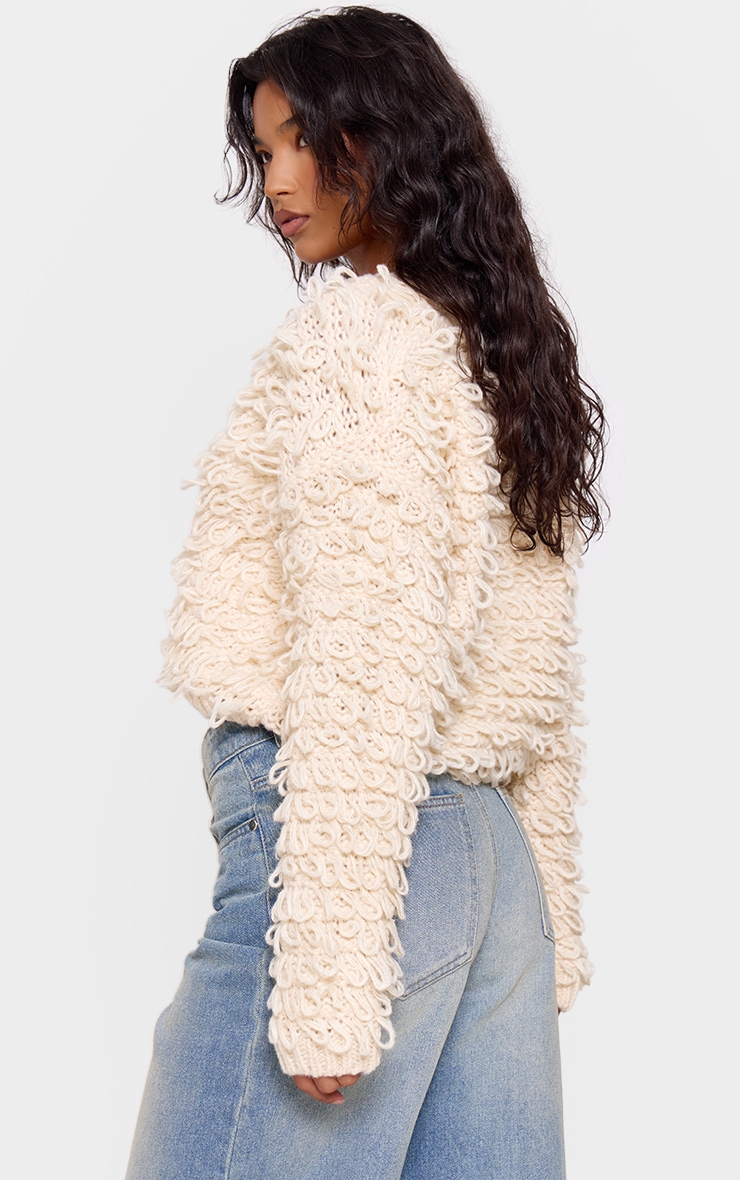 Cream Loop Knit V Neck Button Up Cardigan | Knitwear | PLT