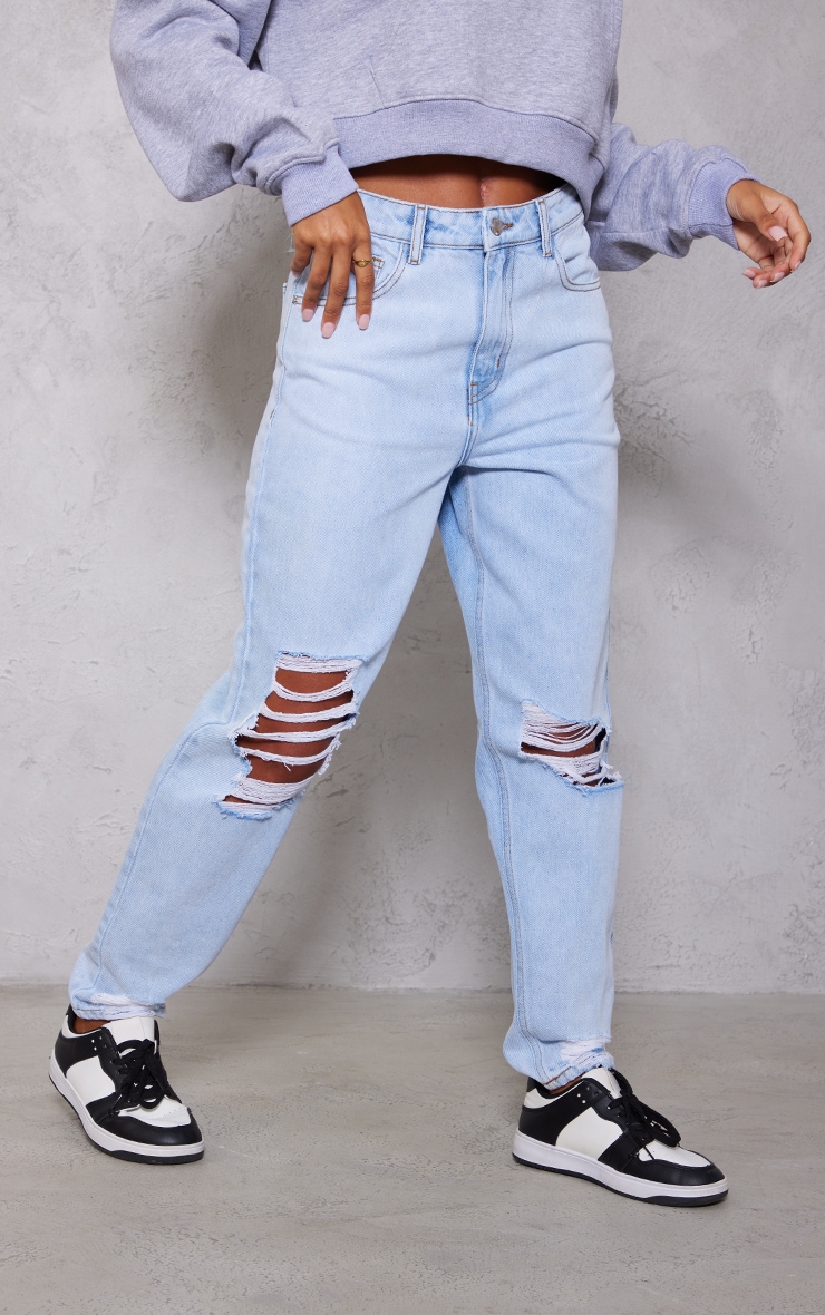 Plt Light Blue Wash Rip Hem Knee Rip Mom Jeans | PrettyLittleThing USA