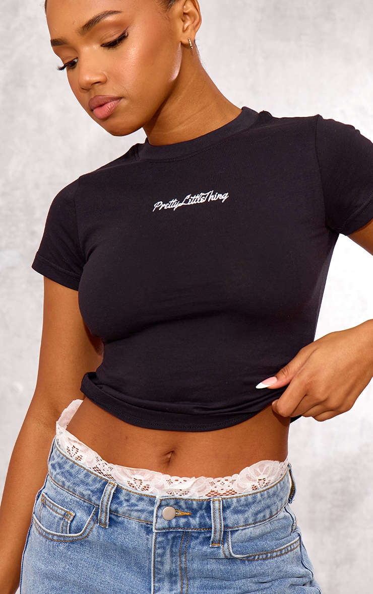 Black Plt Embroidered Baby Doll Tee | Tops | PrettyLittleThing CA