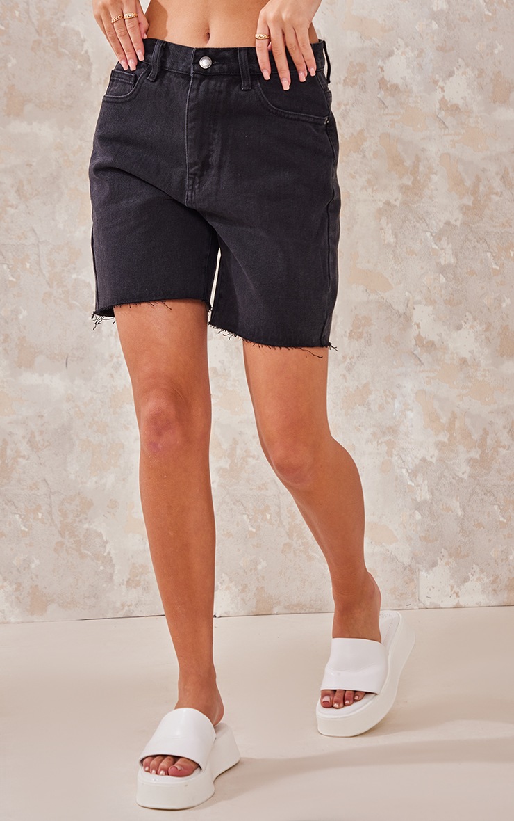 Washed Black Longline Fitted Denim Shorts | PrettyLittleThing