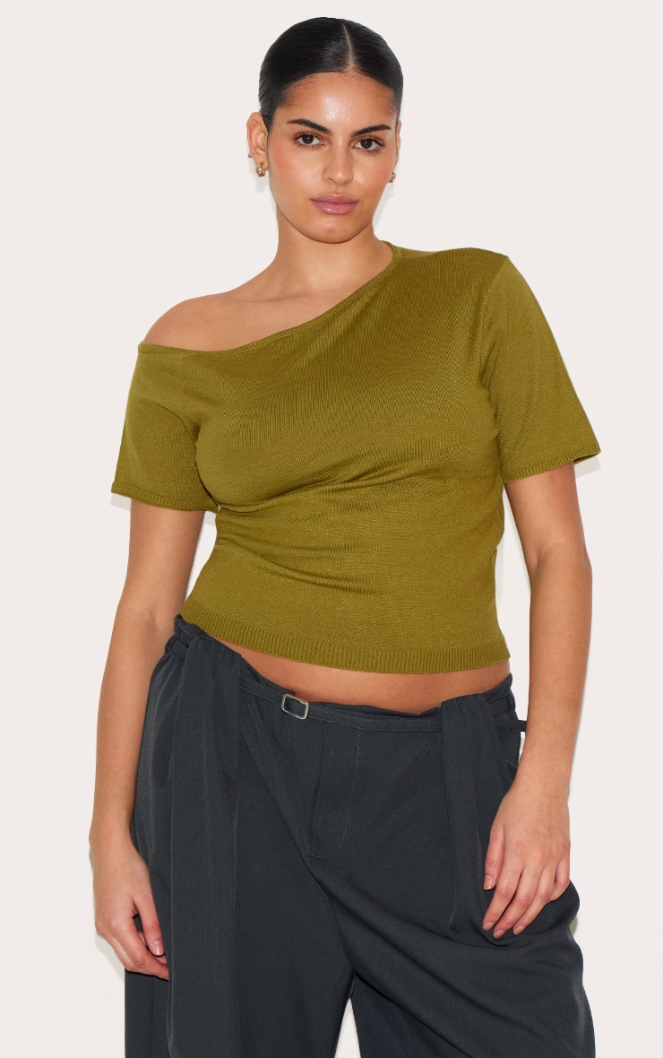 Plus Olive Basic Knit Asymmetric Neckline Top | Plus Size | PLT USA