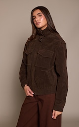 Chocolate Funnel Neck Pocket Faux Suede Bomber | Outerwear ...