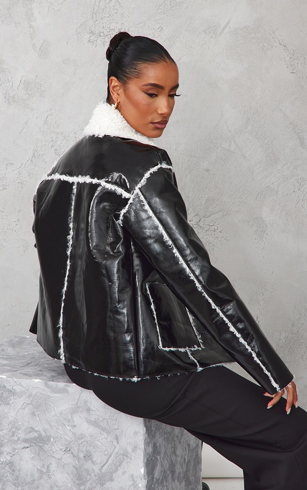 Black Vinyl Contrast Statement Borg Lined Jacket | Outerwear | PLT