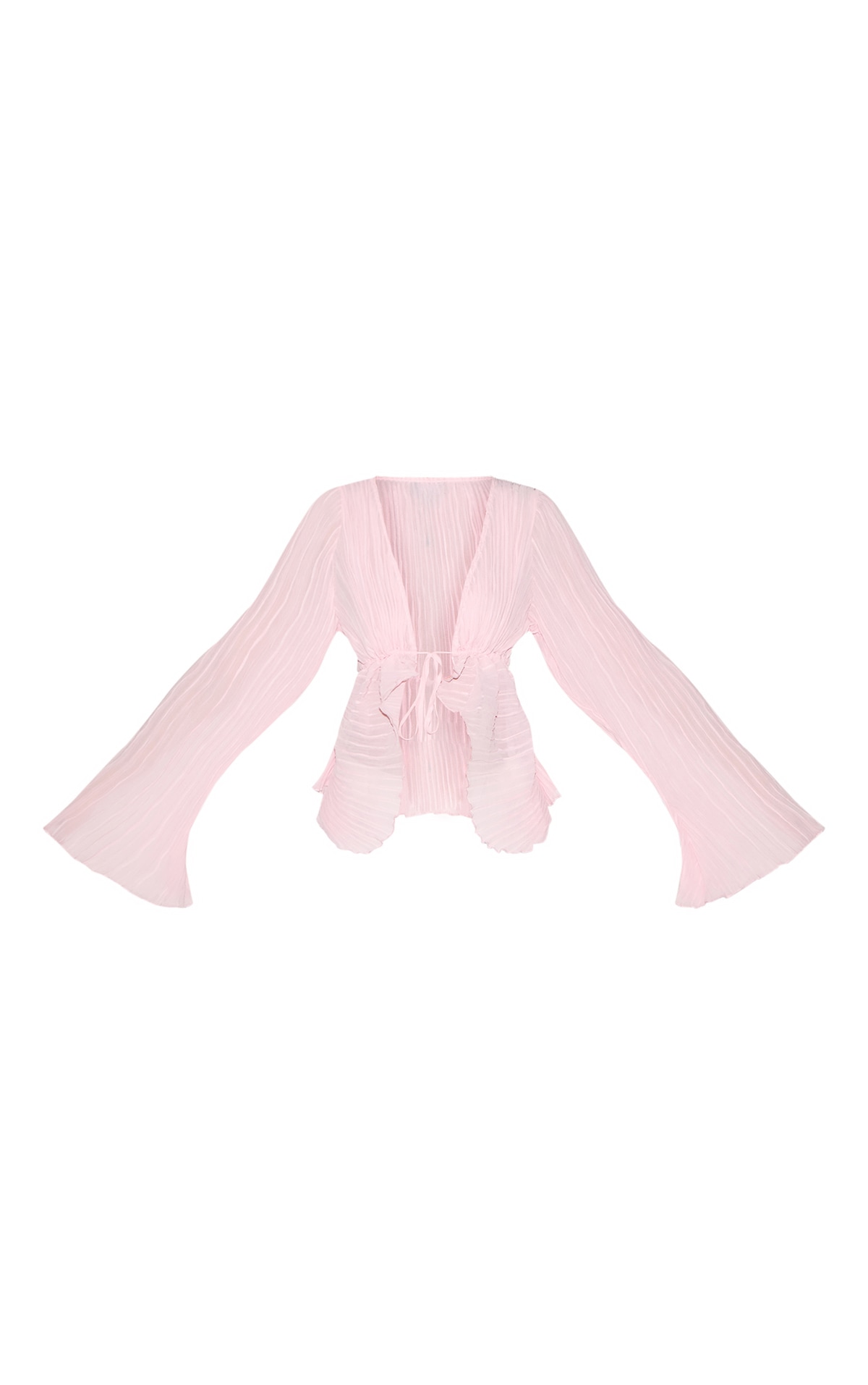 Pale Pink Plisse Tie Front Flute Sleeve Blouse | Tops ...