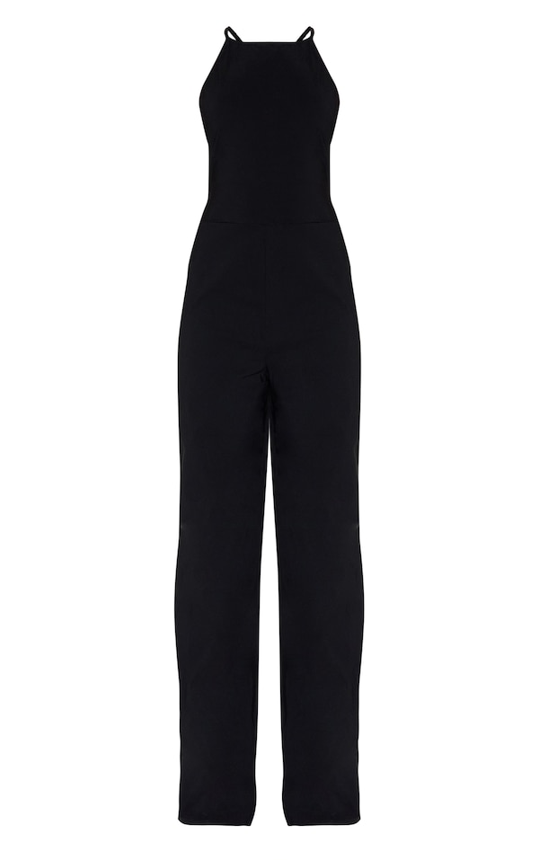 Black Stretch Woven Square Neck Wide Leg Jumpsuit | Dresses | PLT