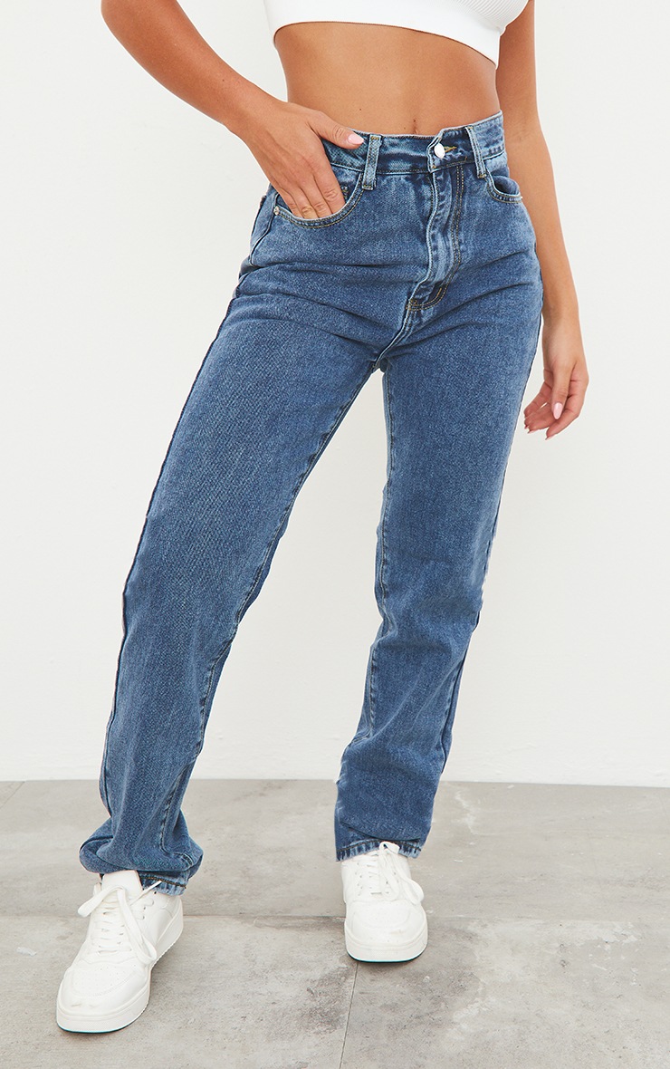 Mid Blue Wash Long Leg Straight Jeans | Denim | PLT USA