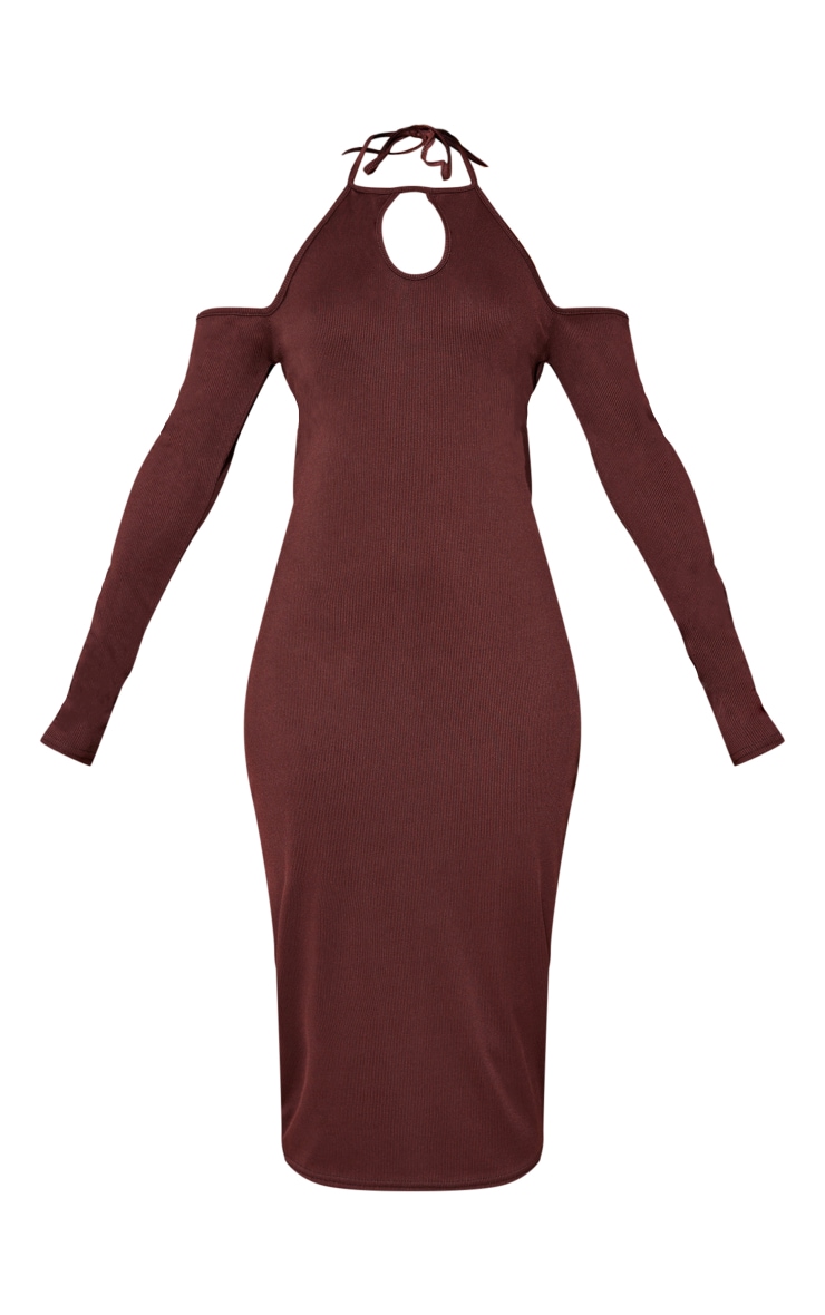 Chocolate Rib Cut Out Halterneck Tie Midaxi Dress | PrettyLittleThing AUS