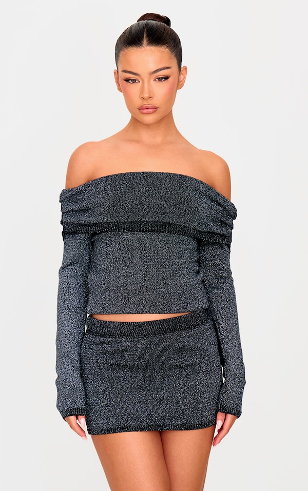 Black Lurex Knit Bardot Top | Knitwear | PrettyLittleThing AUS