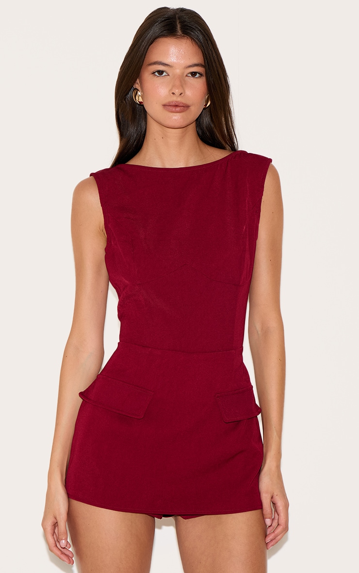 Burgundy Woven Pocket Sleeveless Skort Romper | Dresses ...