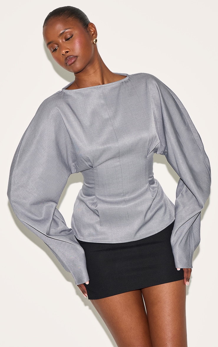 Grey Woven Boatneck Fitted Blouse | Tops | PLT USA