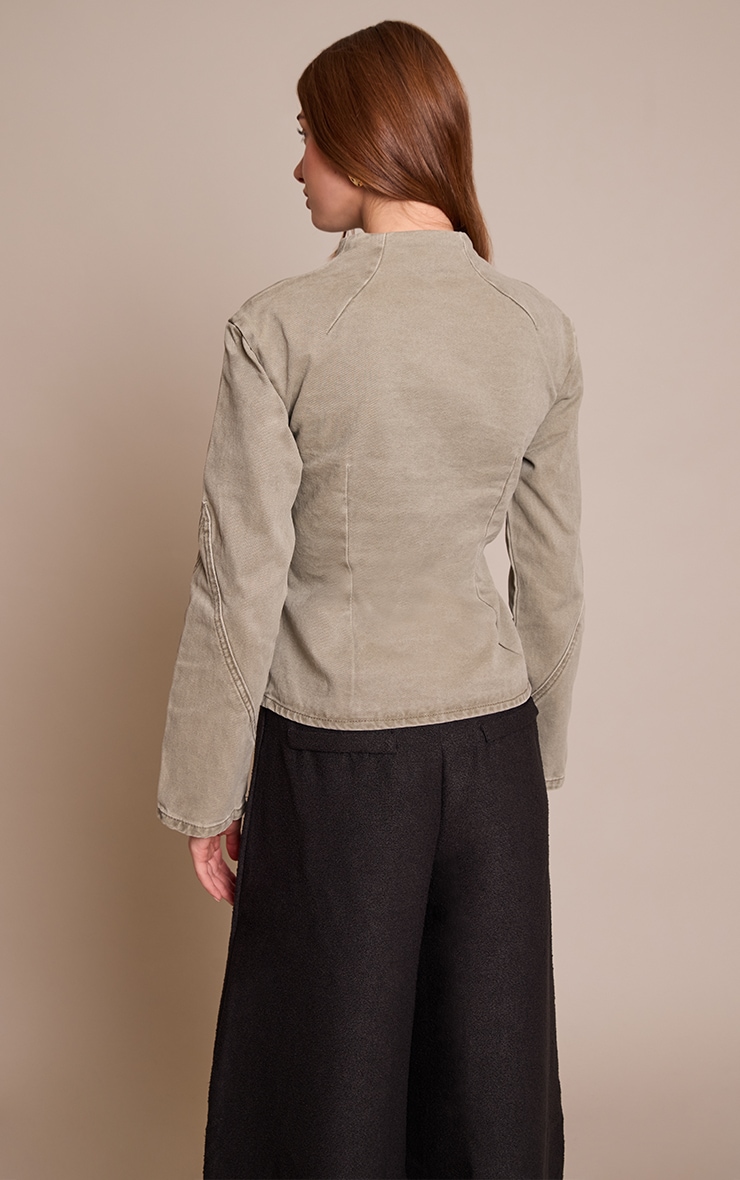 Olive Seam Detail High Neck Fitted Jacket | Denim | PLT