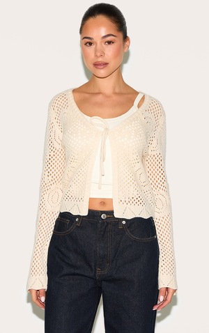 Oatmeal Crochet Tie Front Cardigan | Knitwear | PrettyLittleThing AUS