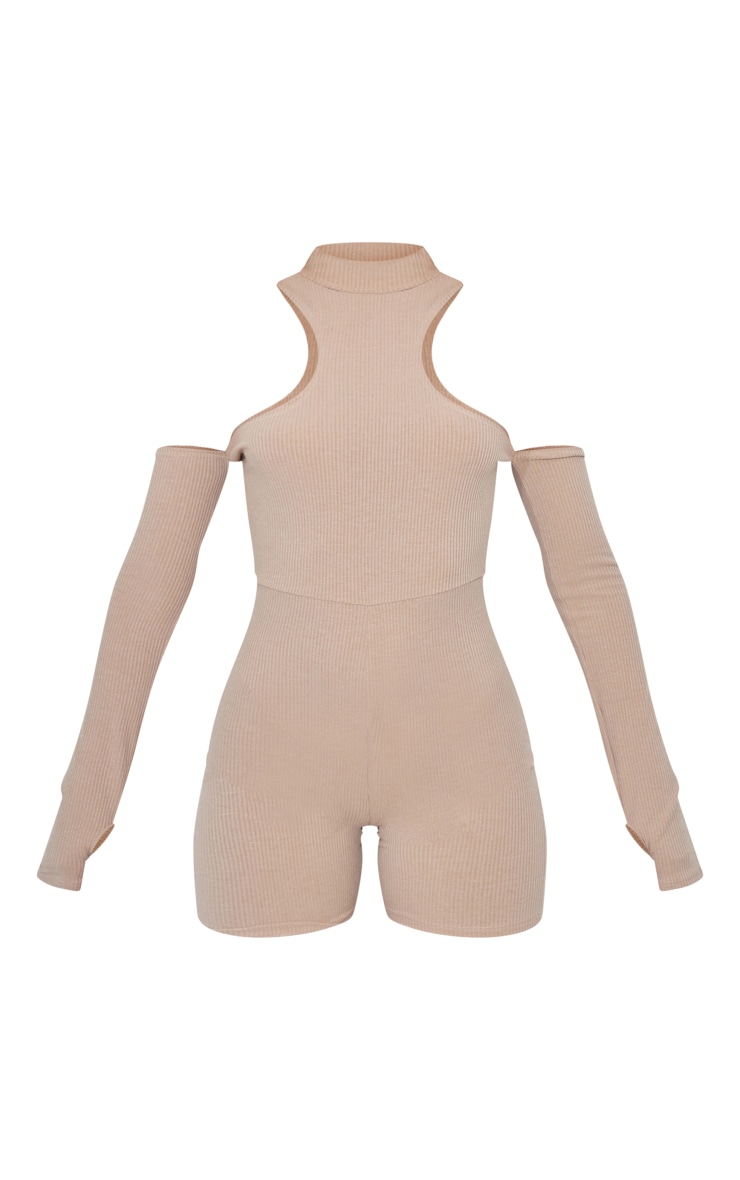 Taupe High Neck Cold Shoulder Rib Unitard | PrettyLittleThing