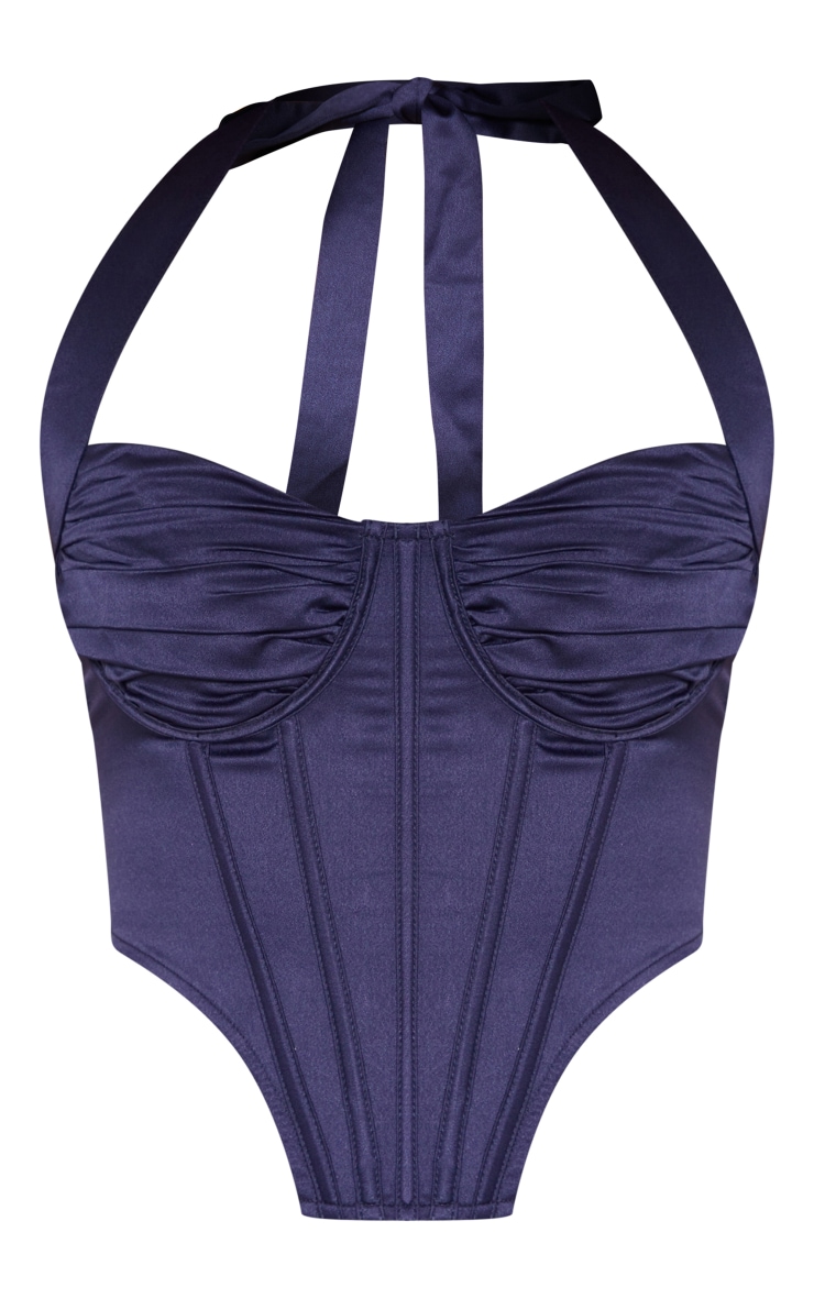 Corset satiné bleu marine à dos nu et buste froncé | PrettyLittleThing FR
