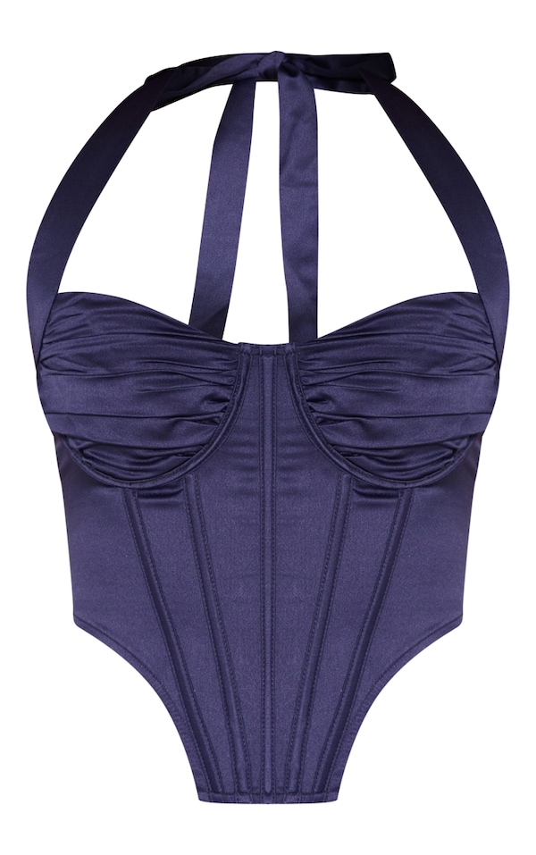 Navy Satin Ruched Bust Halter Corset | Tops | PrettyLittleThing USA