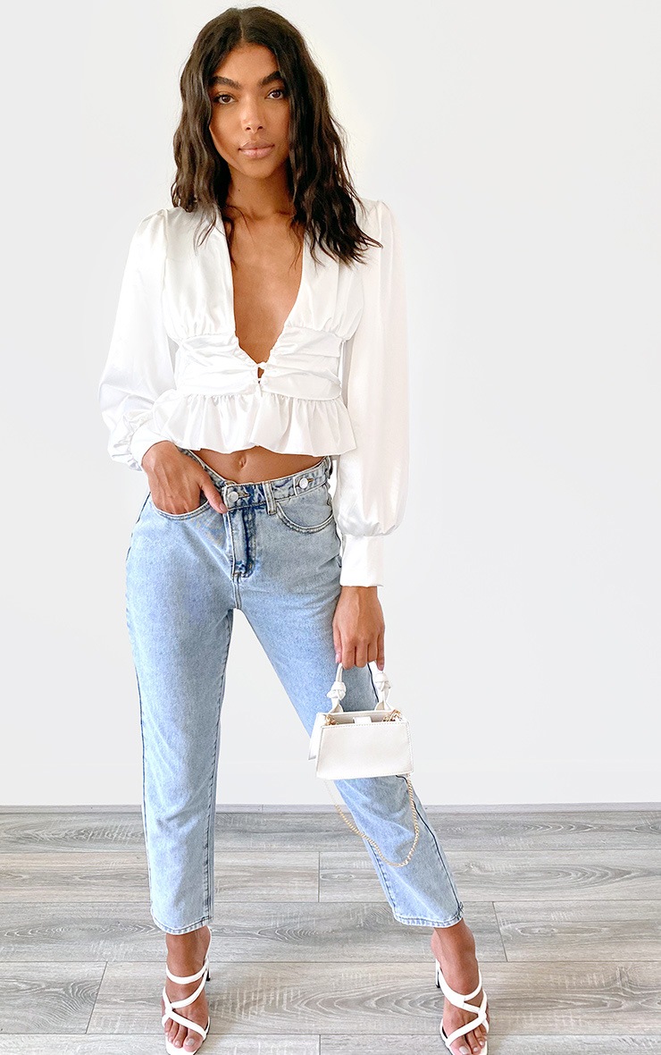 White Satin Ruched Button Waist Blouse | Tops | PLT