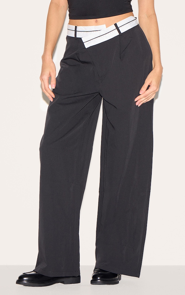 Black Contrast Double Waistband Tailored Trousers | Bottoms ...