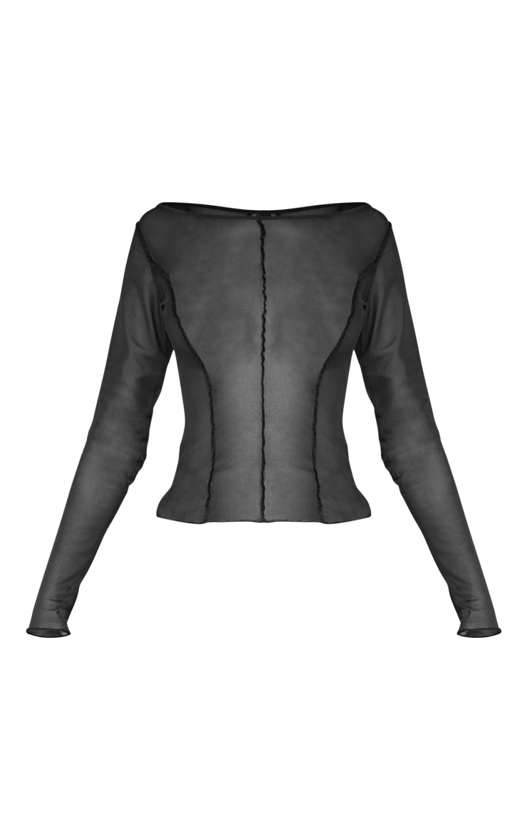 Black Mesh Overlock Seam Long Sleeve Top | PrettyLittleThing QA