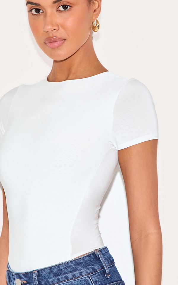 White Basic Slinky Short Sleeve Bodysuit | Tops | PLT