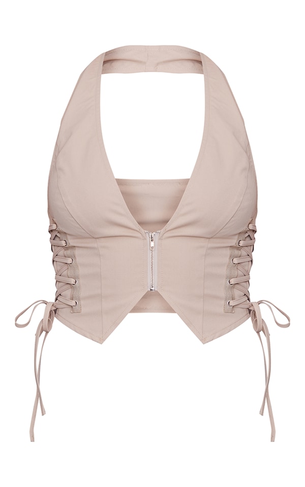 Stone Cargo Lace Up Side Zip Up Crop Top | Tops | PrettyLittleThing USA