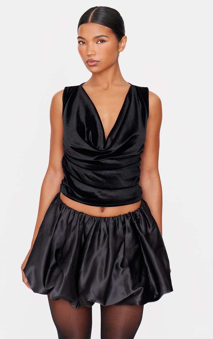 Black Velvet Cowl Neck Sleeveless Long Top | Tops | PLT